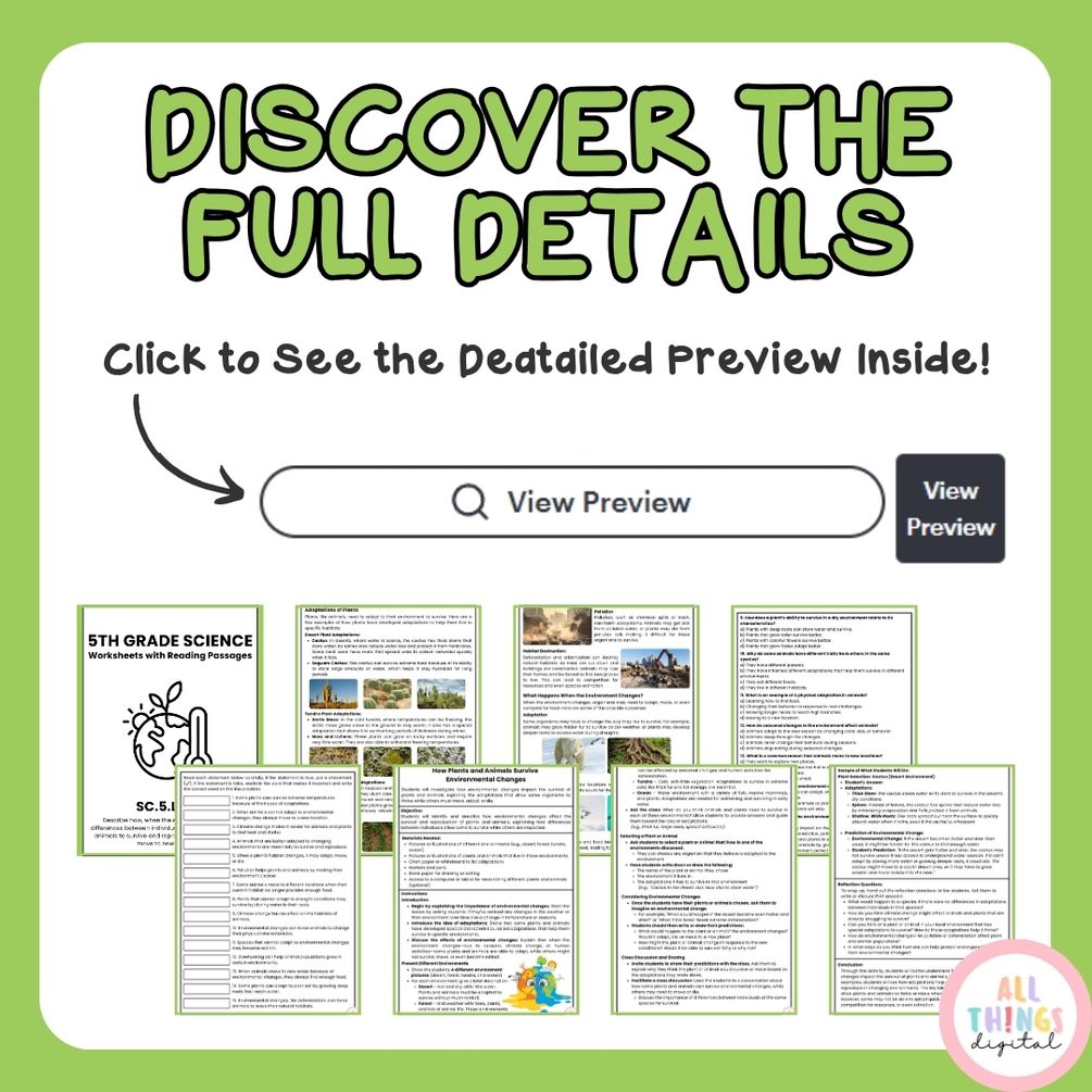Animal Plant Survival SC.5.L.15.1 5th Grade Life Science Activity ...