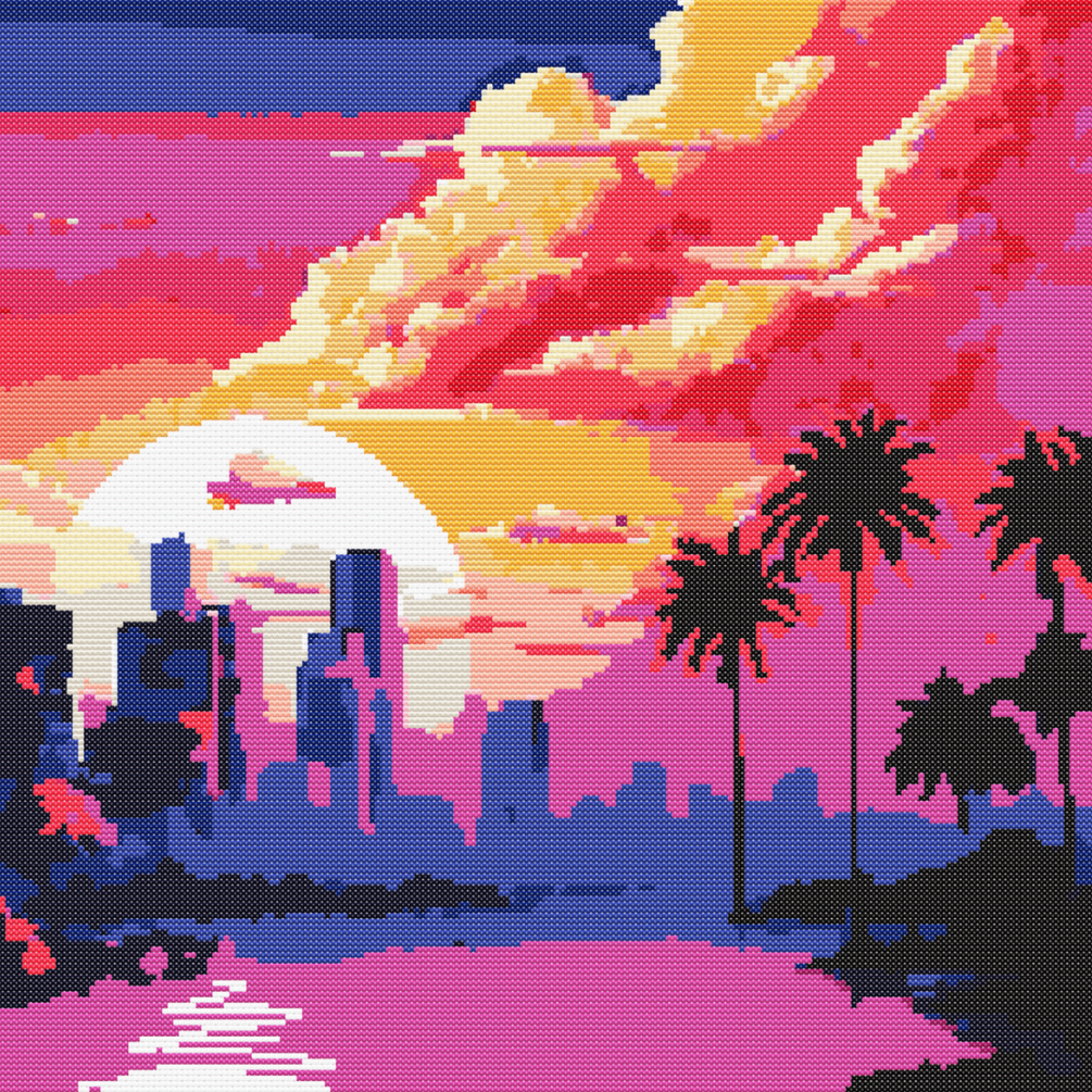 Vaporwave city skyline cross stitch pattern