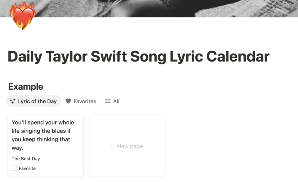 Daily Taylor Swift Song Lyric Calendar Notion Planner Widget
