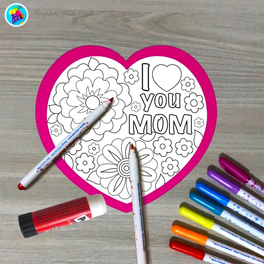 Mothers Day Valentines Printable Coloring Flower Heart Card for Mom ...