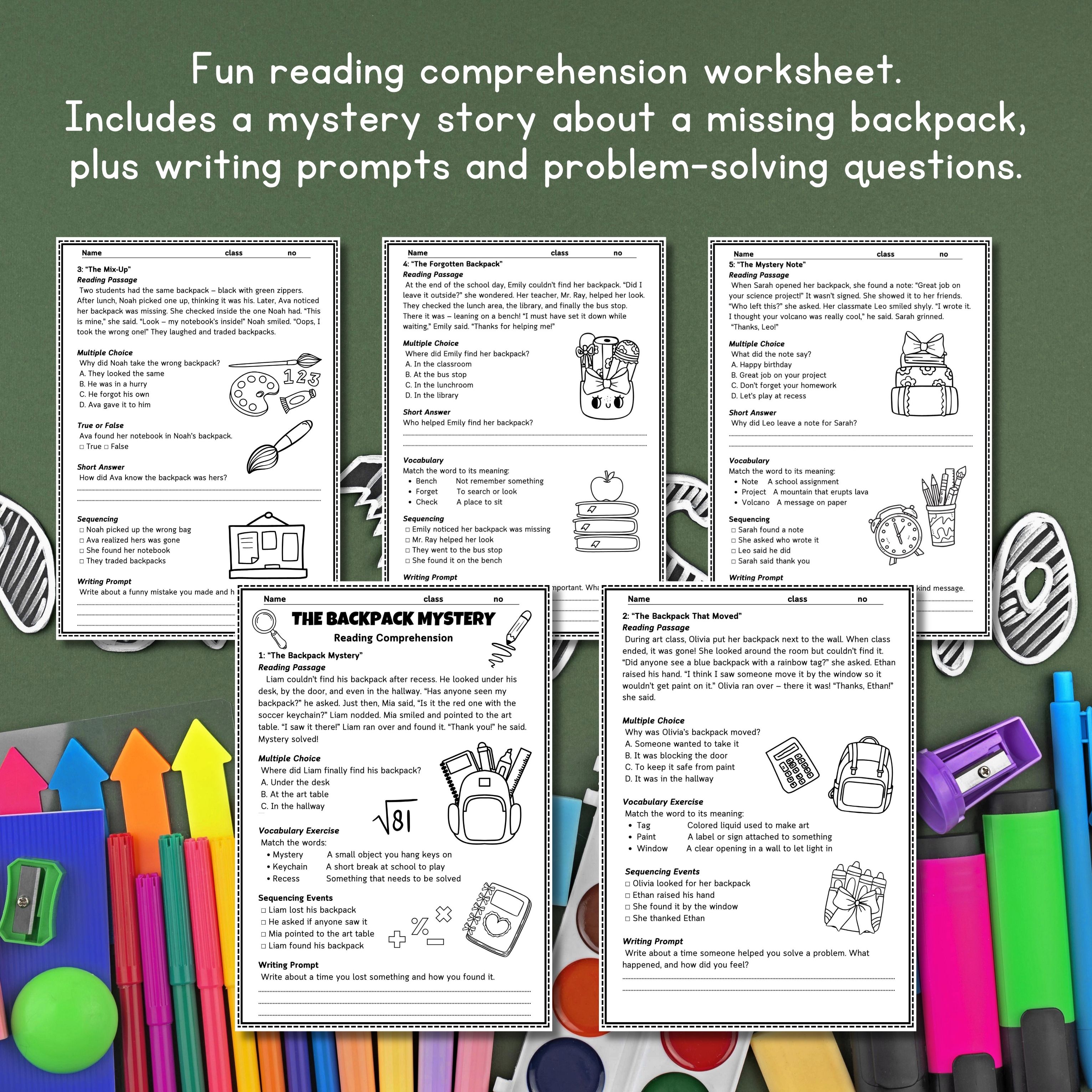 The Backpack Mystery Reading Comprehension Worksheets for Grades 2–6 ...