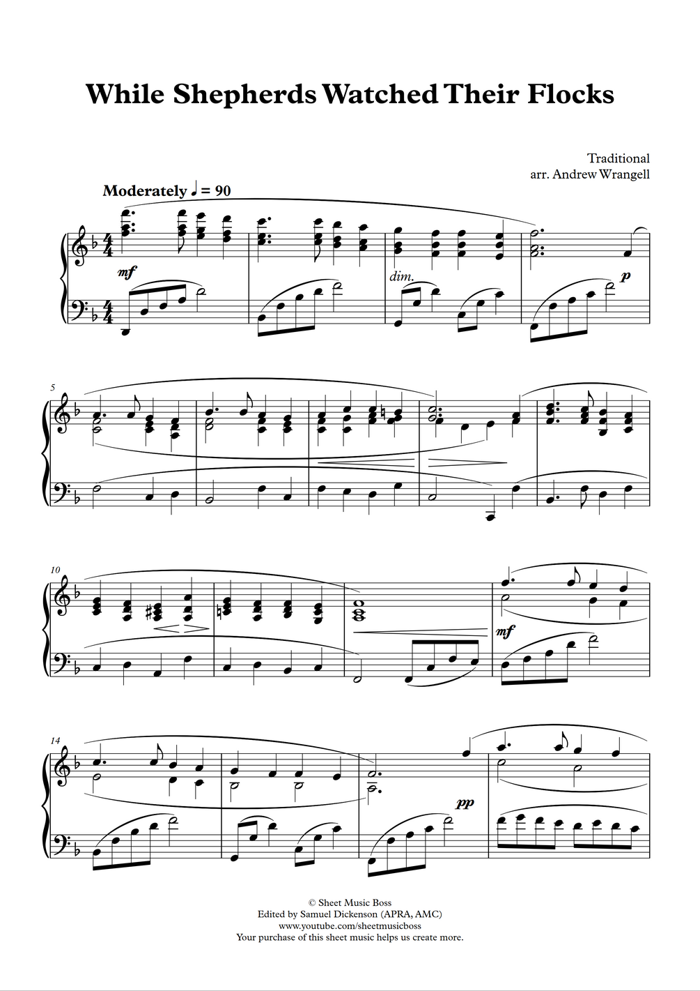 While Shepherds Watched Their Flocks (Piano Sheet Music PDF, MIDI, and MP3)