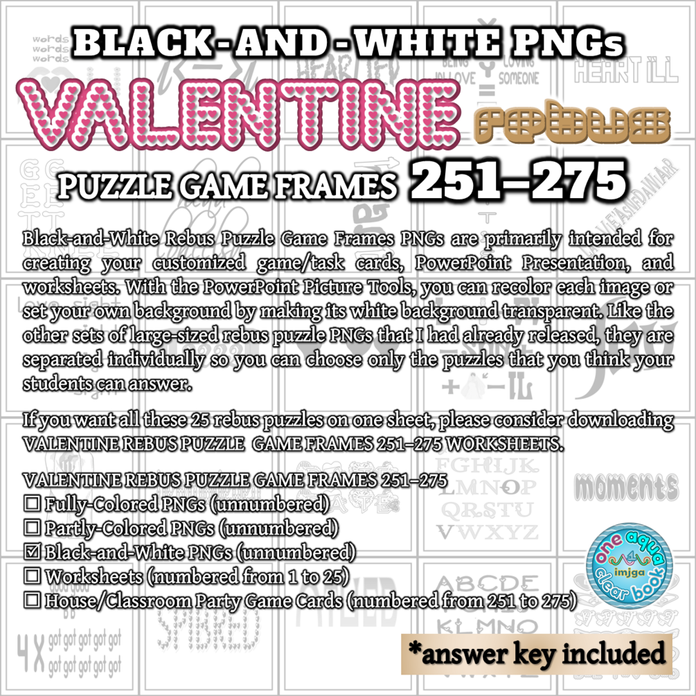 Black-and-White VALENTINE Rebus Puzzle Game Frames 251–275 PNGs