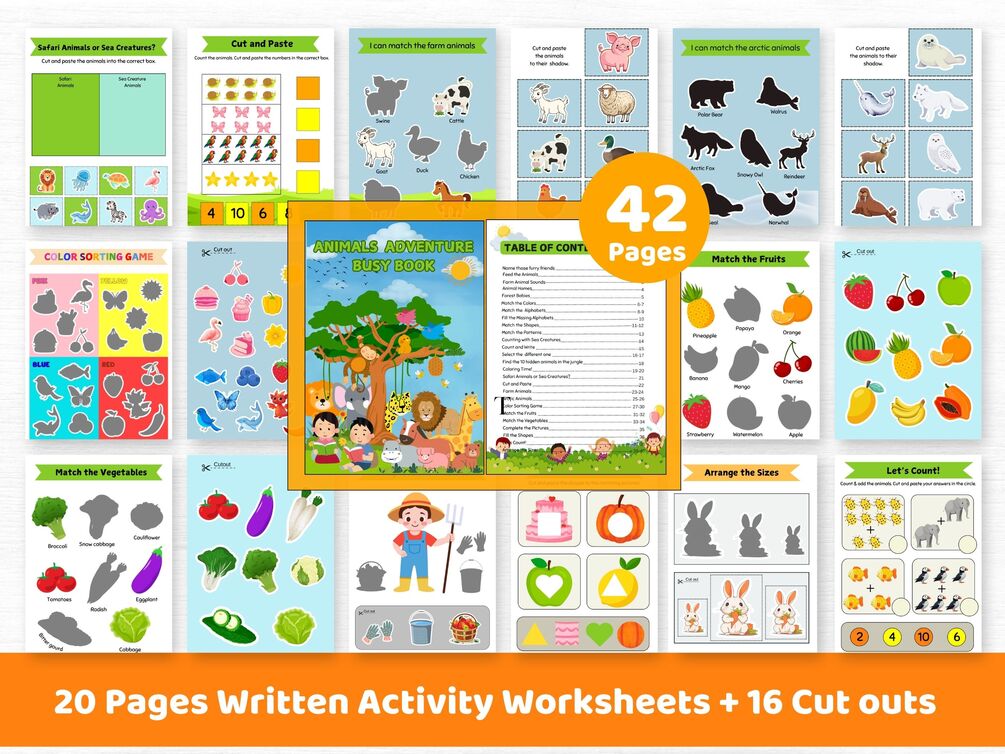 42 Page Animals Adventure Busy Book for Preschool and Kindergarten