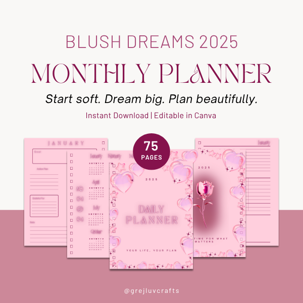 BLUSH DREAMS 2025 MONTHLY PLANNER | EDITABLE CANVA LINK AND ...