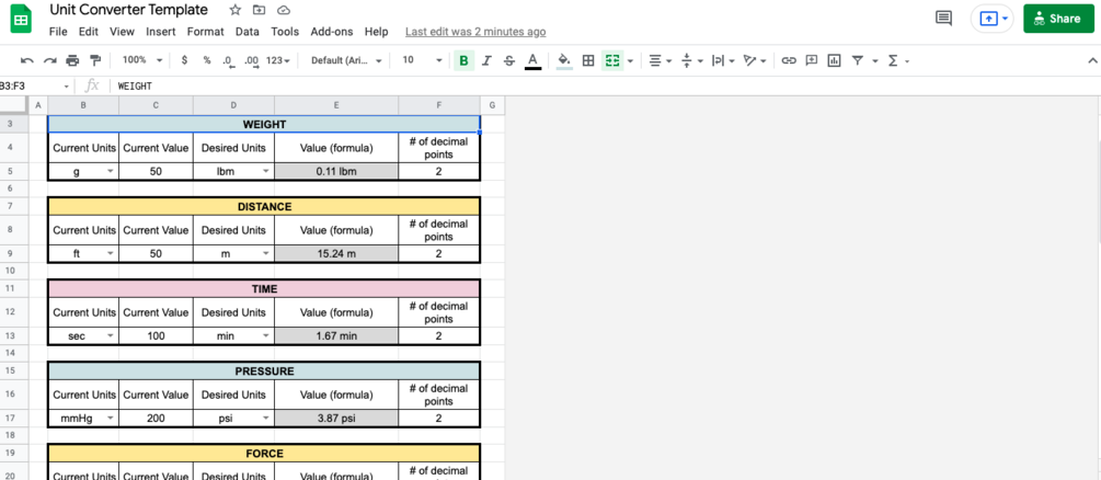Google Sheet Unit Converter for Homework / Projects