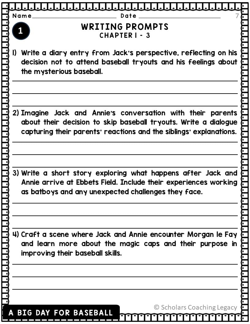 A BIG DAY FOR BASEBALL Novel Study Comprehension, Critical Thinking ...