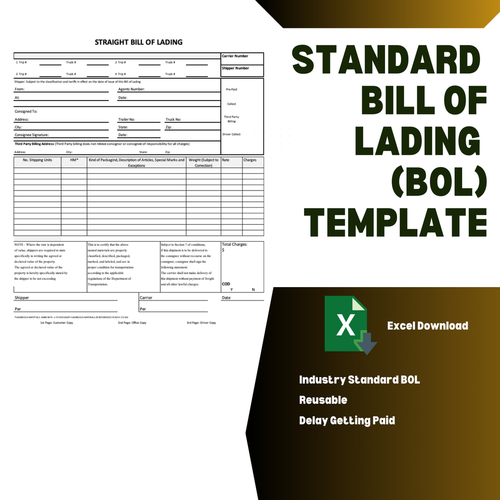 Standard Bill of Lading Excel Template (BOL)