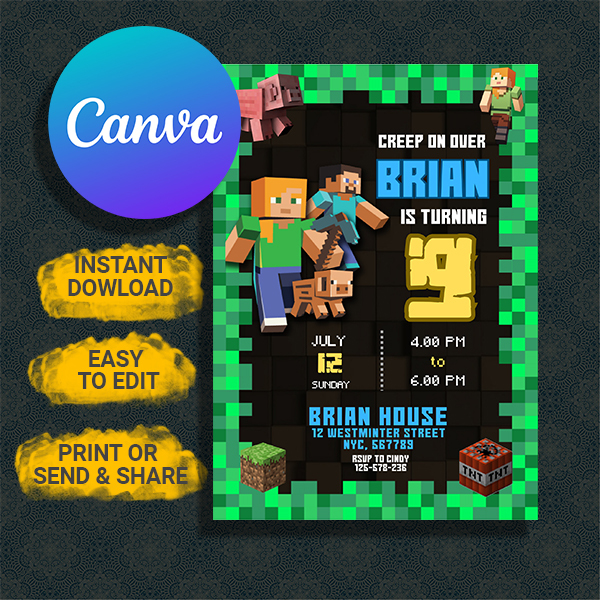 Minecraft Birthday Party Invitation Template Editable, Birthday Card ...