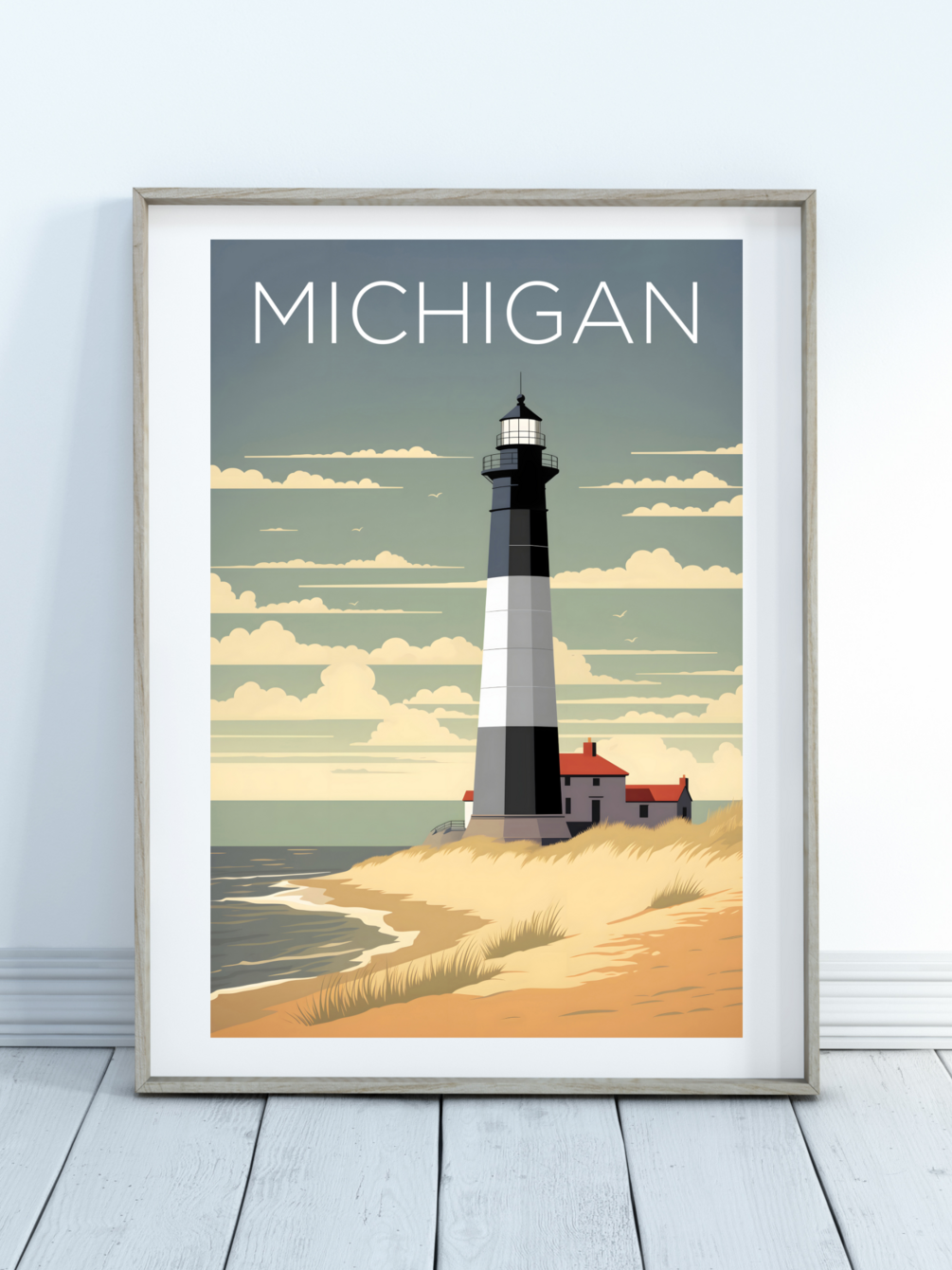 Michigan lighthouse with keepers house, sand dunes, shoreline, Wall Art ...