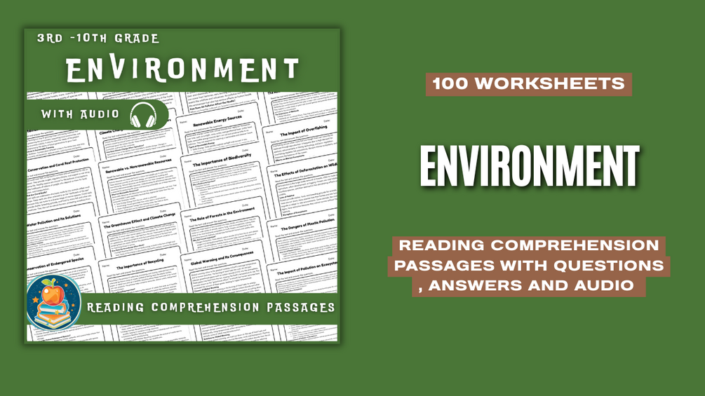 100 Environment Reading Comprehension Passages Worksheet Bundle with Audio