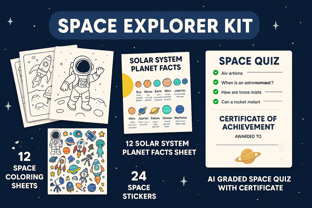 Space Explorer Kit: Coloring Sheets + Facts + Stickers + AI Certificate