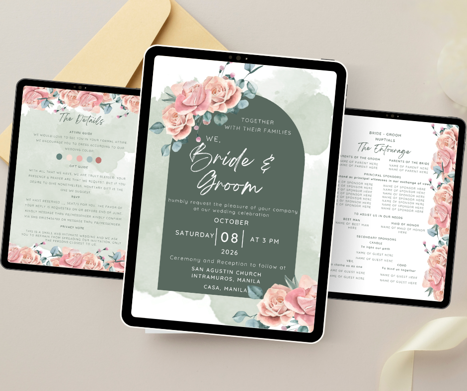 Wedding Template Sage Green & Floral Pink I Wedding Invitation ...