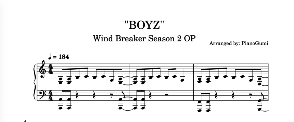 Wind Breaker Season 2 OP - "BOYZ" - INTERMEDIATE Piano Sheet Music