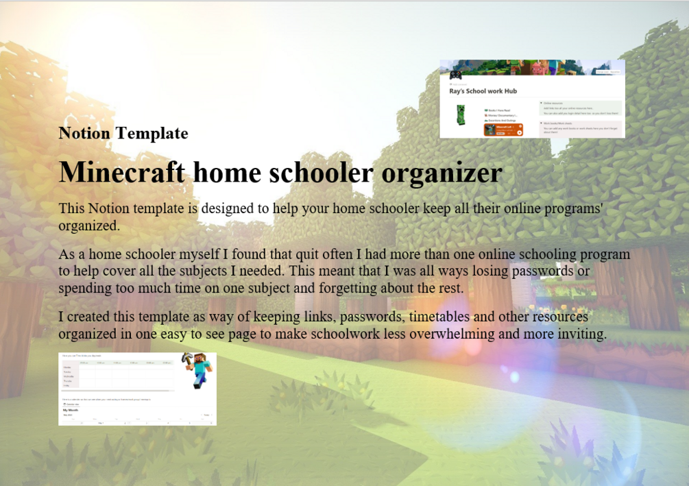 Minecraft themed notion template for homeschoolers