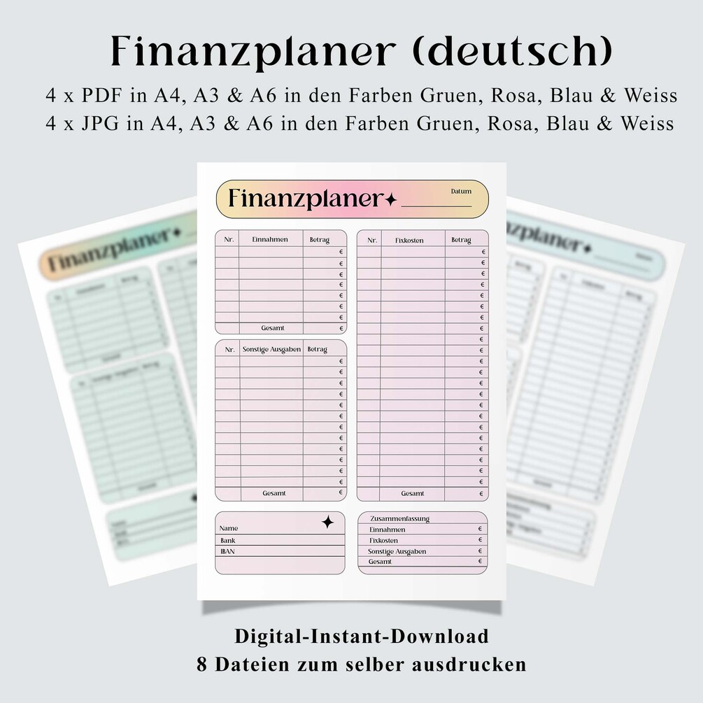 Finanzplaner German (PDF & JPG A4, A3, A6)