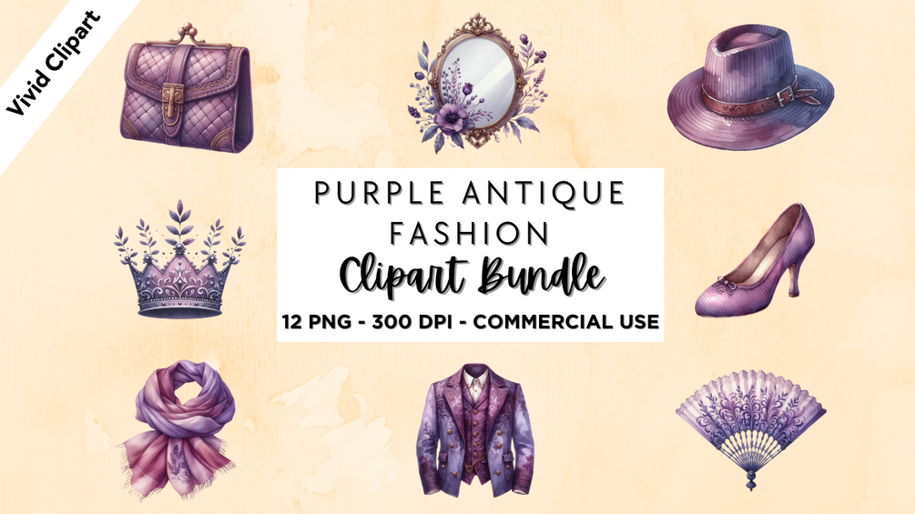 Watercolor Purple Antique Fashion Clipart Bundle