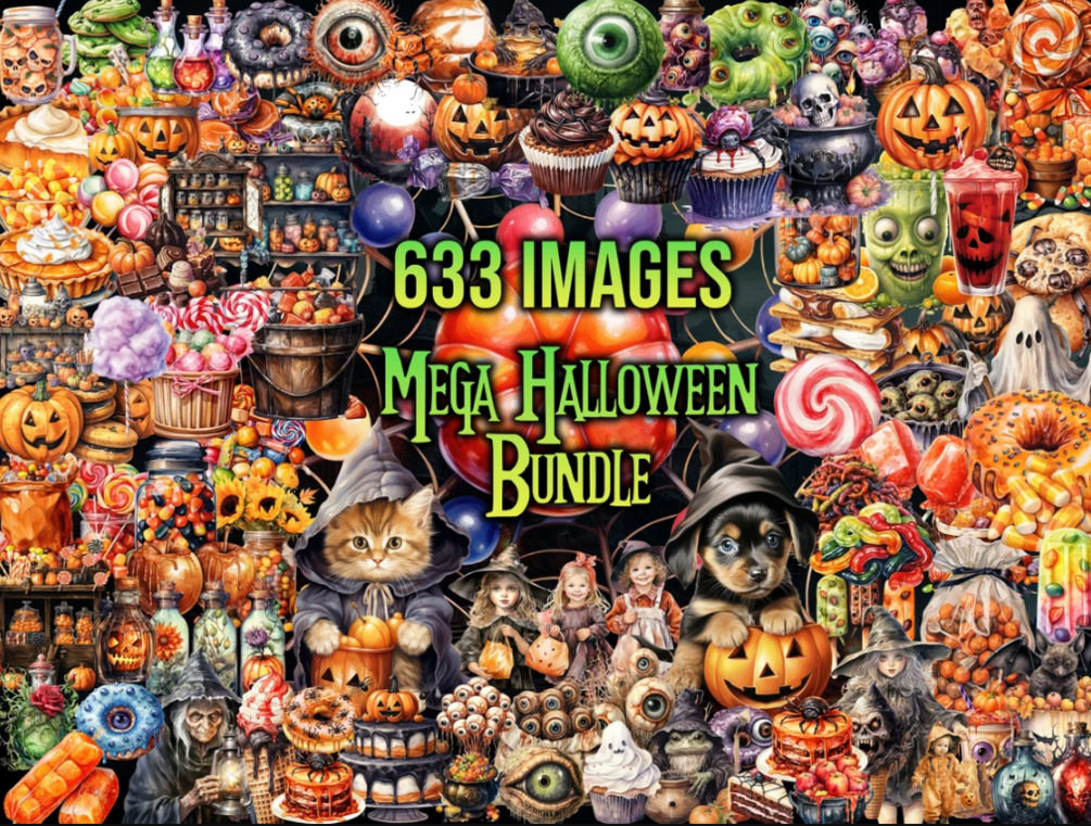 Halloween Watercolor Clipart Bundle, 633 PNG, Instant Download, Spooky