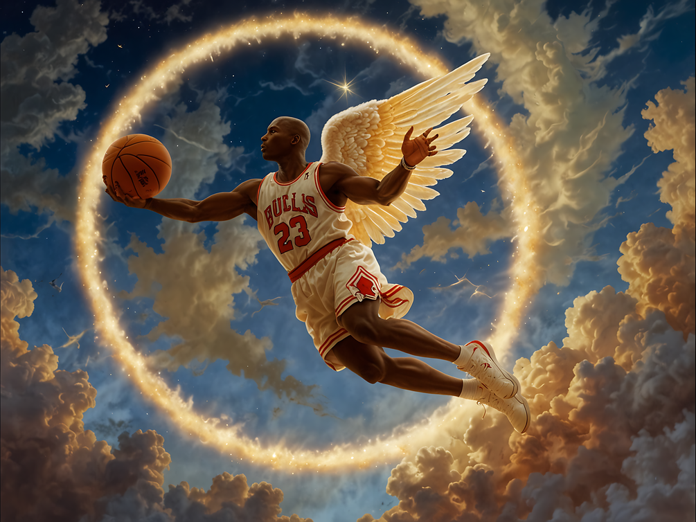 "Celestial Basketball Angel – Michael Jordan Divine Dunk Art Print"