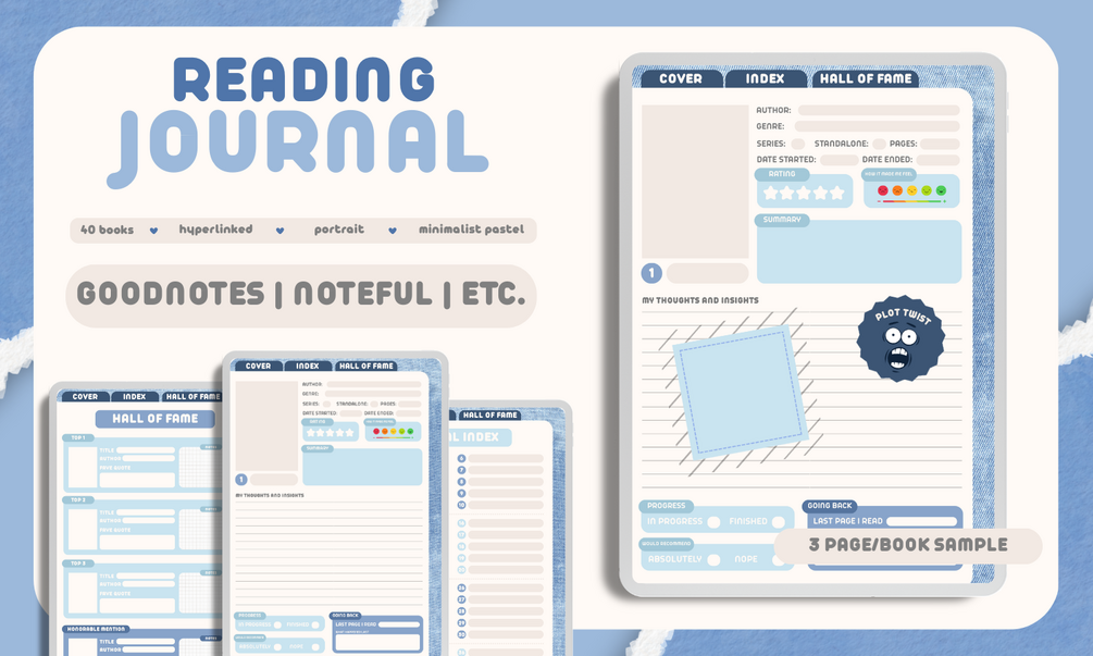 Blue Digital Stickers for ADHD Reading Journals | 14 GoodNotes Stickers