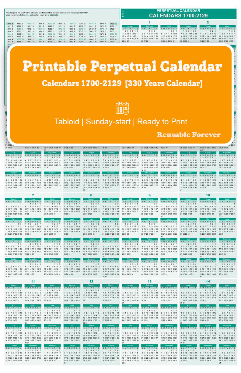 Printable Perpetual Calendar | Tabloid | Sunday-start | Style 1 | Green