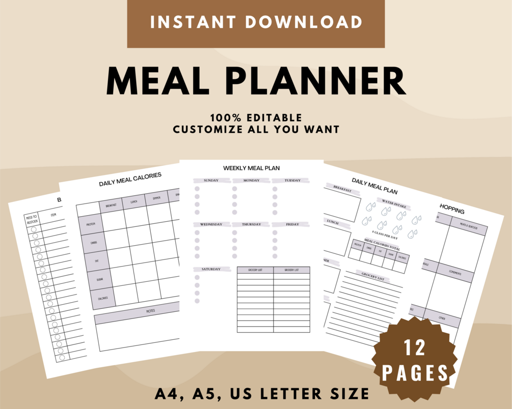 Printable Meal Planner. Editable using Canva