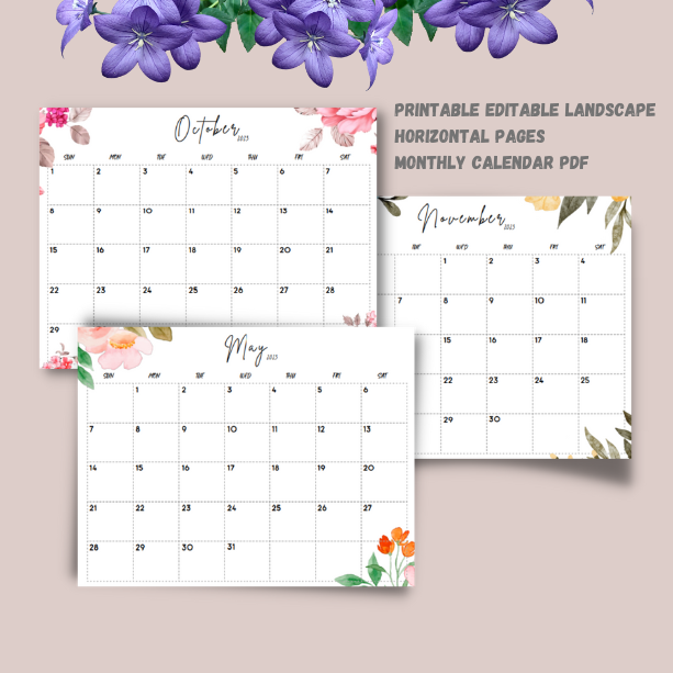 2023 Watercolor Floral Calendar | Printable Editable Landscape ...