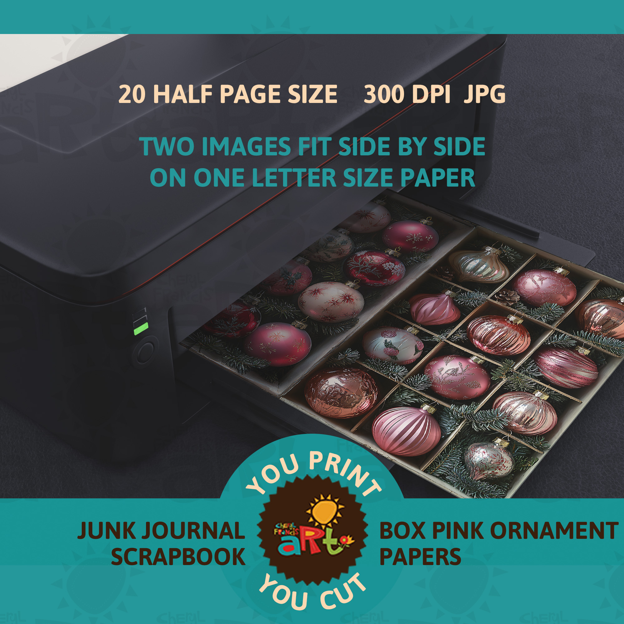 20 pc Boxed Pink Christmas Ornaments Printable Junk Journal Half Papers ...