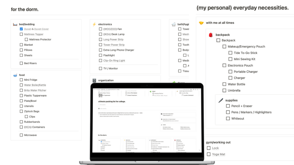 College Shopping/Packing List Notion Template