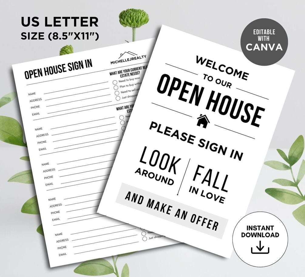 Real Estate Open House Sign In Sheet Template Welcome Sign Open House ...