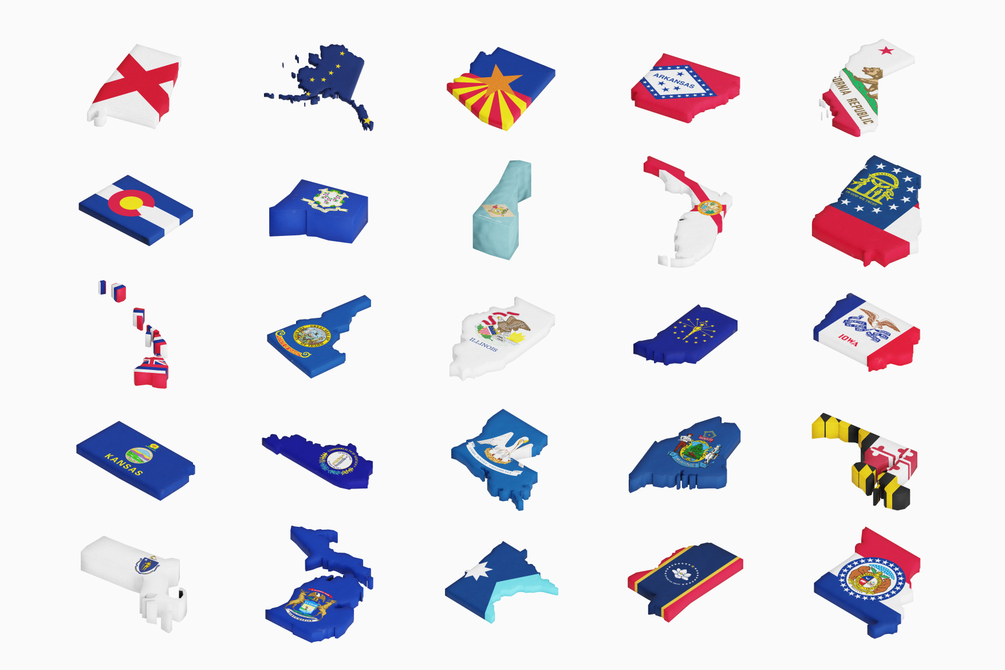 US State Map Flag 3D Icon Set