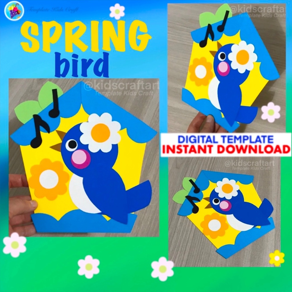 Printable Spring Bird Craft for Kids Toddlers Summer Flower Birdhouse ...