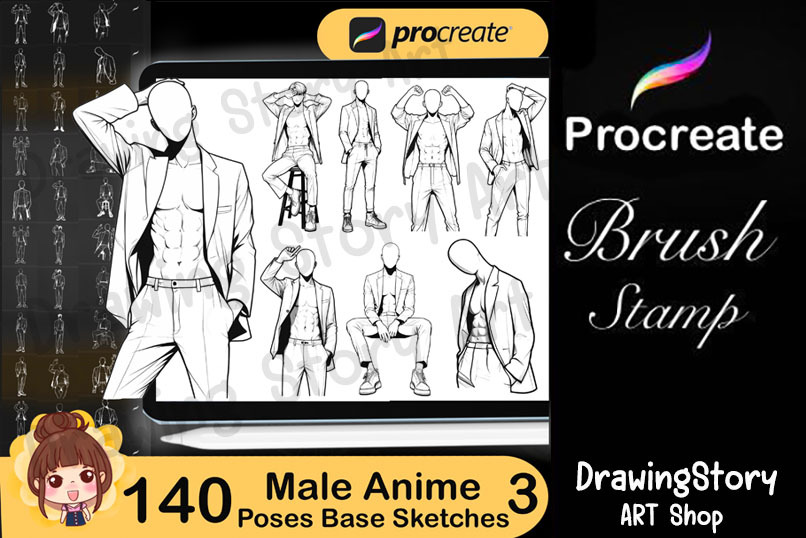 140 Procreate Male Anime Poses 3 Base Sketches Kawaii Character Stamps ...