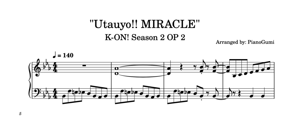 K-ON! Season 2 OP 2 - "Utauyo!! MIRACLE" - Piano Sheet Music