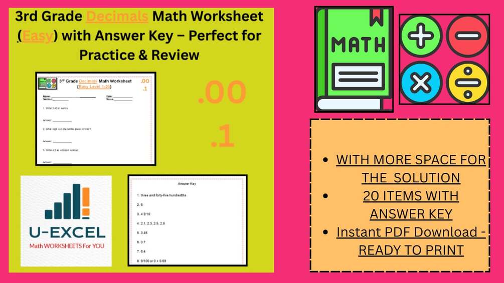 3rd Grade Decimals Math Worksheets Easy with answer key - Perfect for ...