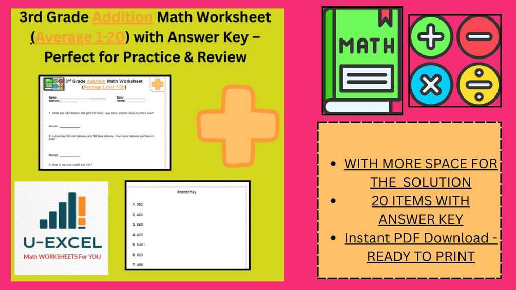 3rd Grade Addition Math Worksheet Average with answer key - Perfect for ...