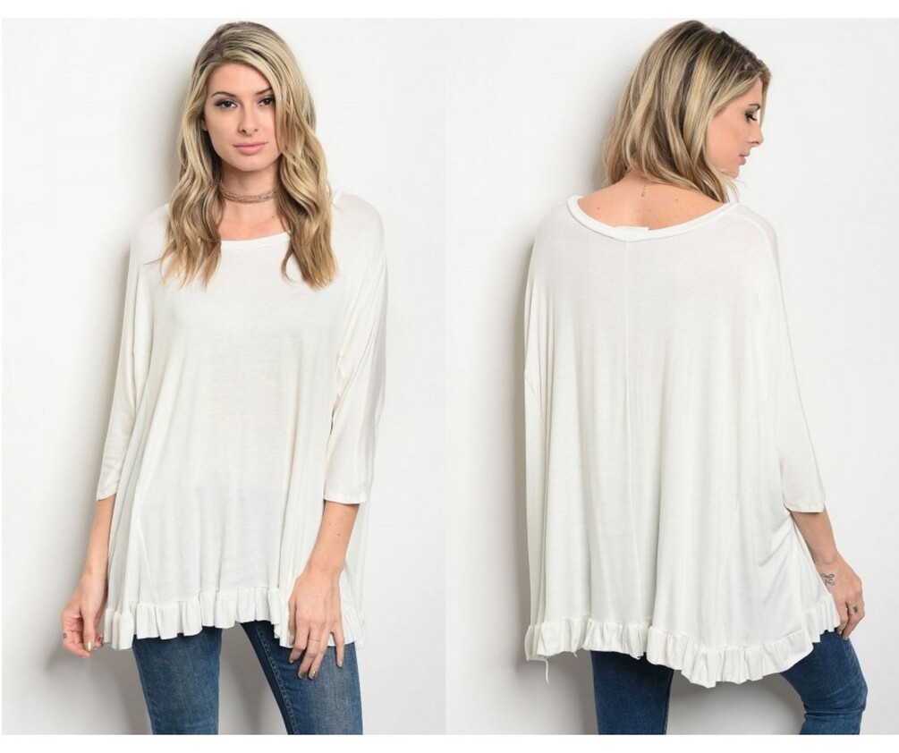 Ivory Ruffle 3/4 Sleeve Tee