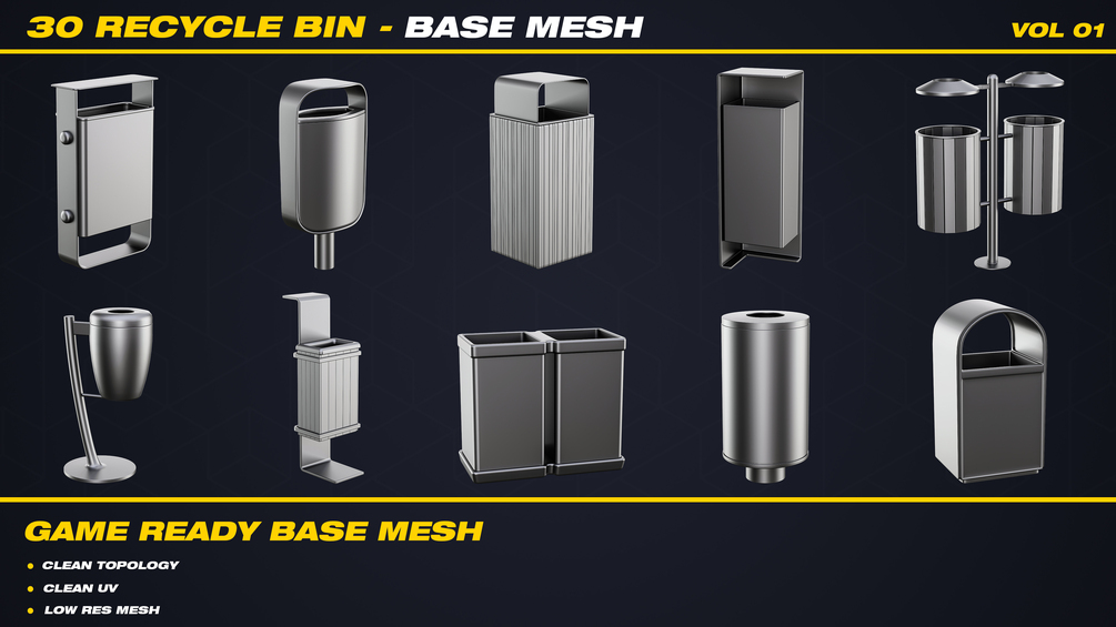 30 Recycle Bin Base Mesh - VOL 01 ( Game Ready )