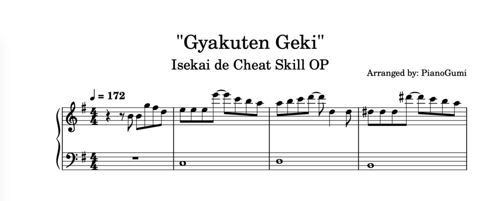 Isekai de Cheat Skill OP - "Gyakuten Geki" - EASY Piano Sheet Music