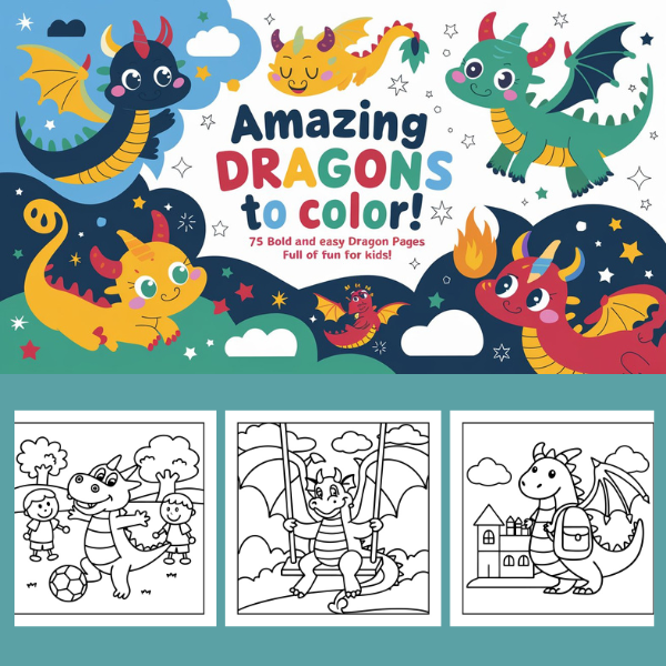 Amazing Dragons to Color for kids - 75 adorable Pages