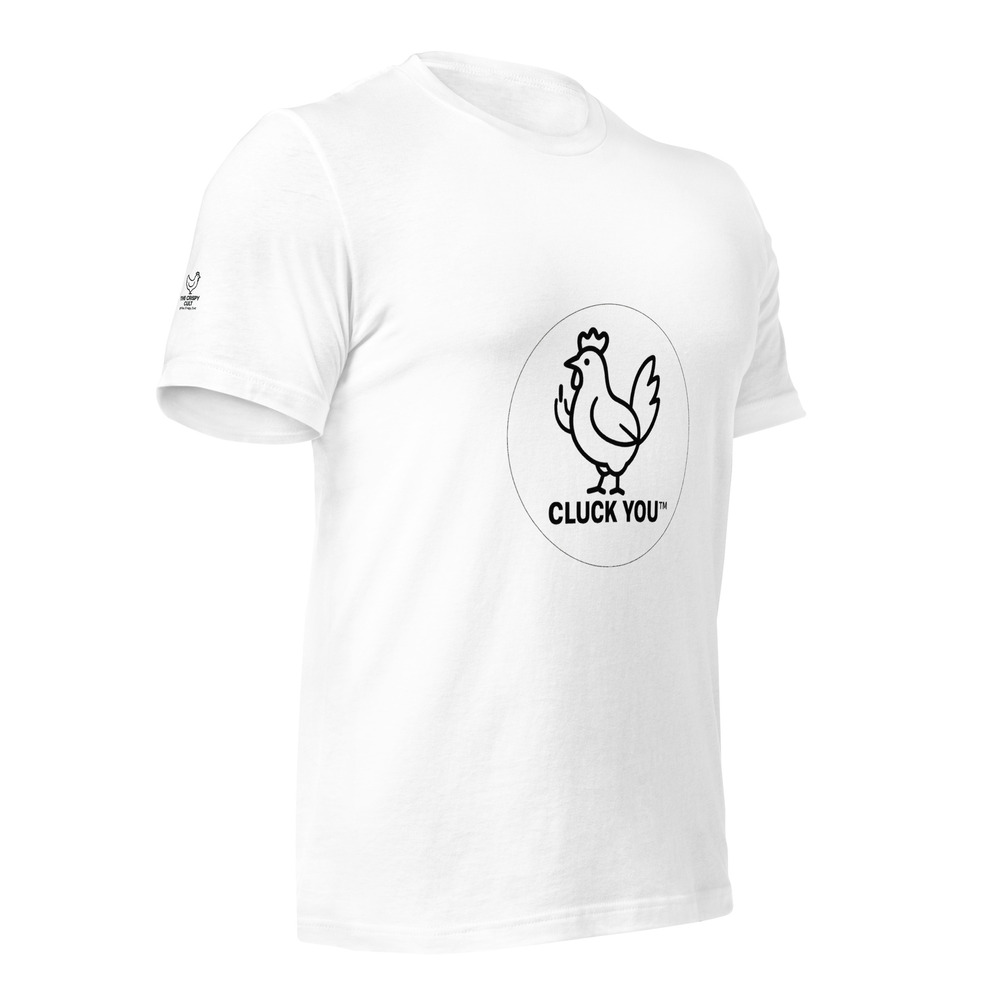 CLUCK YOU™ Tee — (Righteous White) TCC sleeve logo