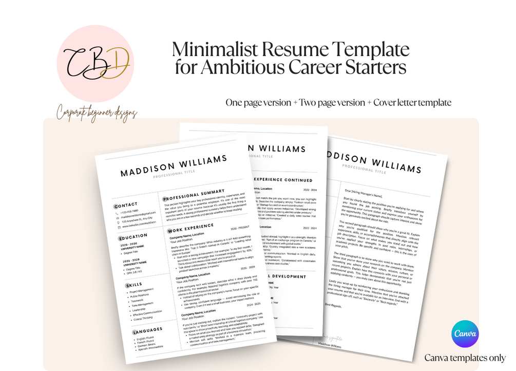 Minimalist Resume Template for Ambitious Career Starters - ATS Friendly