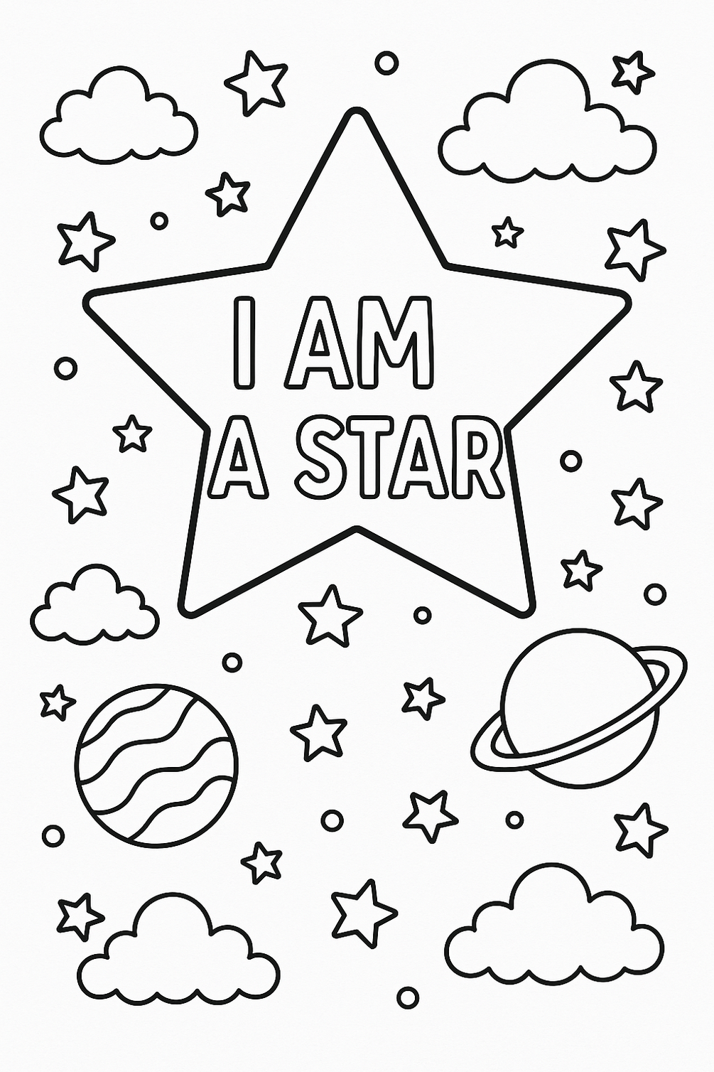 “I Am a Star” – Space-Themed Affirmation Colouring Page for Kids