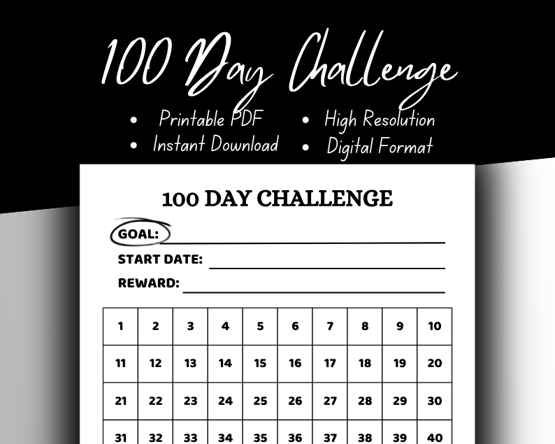 100 Day Challenge Printable PDF | Instant Download | High Resolution ...