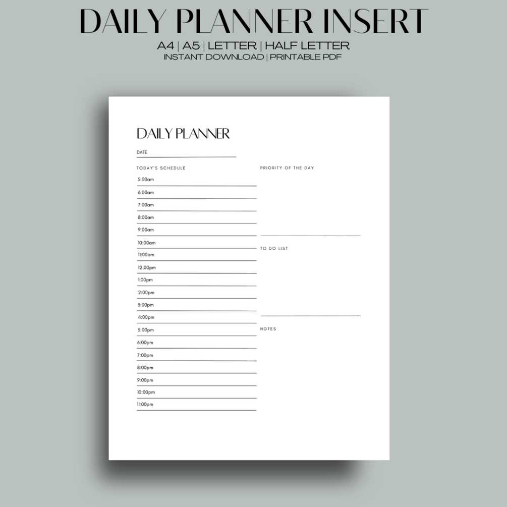 Daily Planner Insert, Printable PDF, Hourly Daily Planner Insert ...