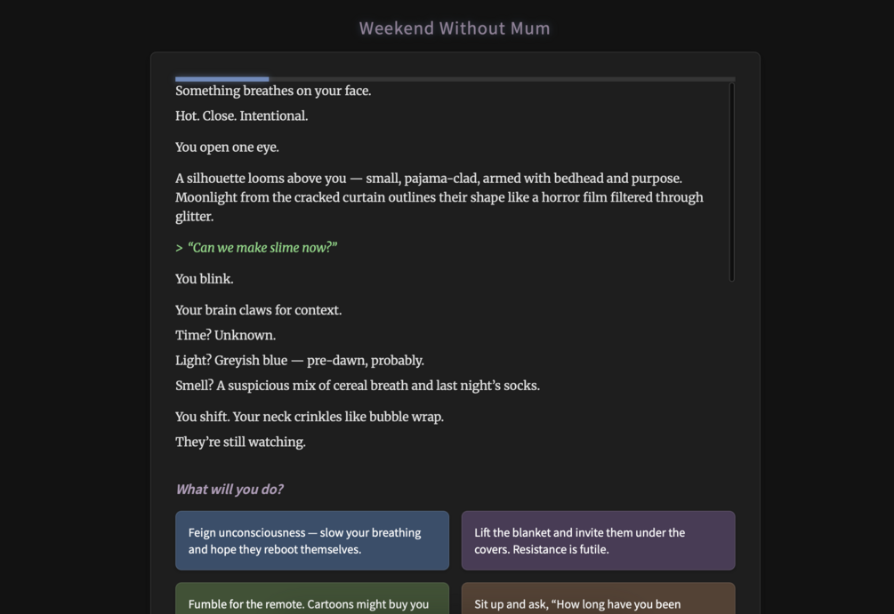 🧢 Weekend Without Mum – The Source Code of a Dad-Centric Narrative Game