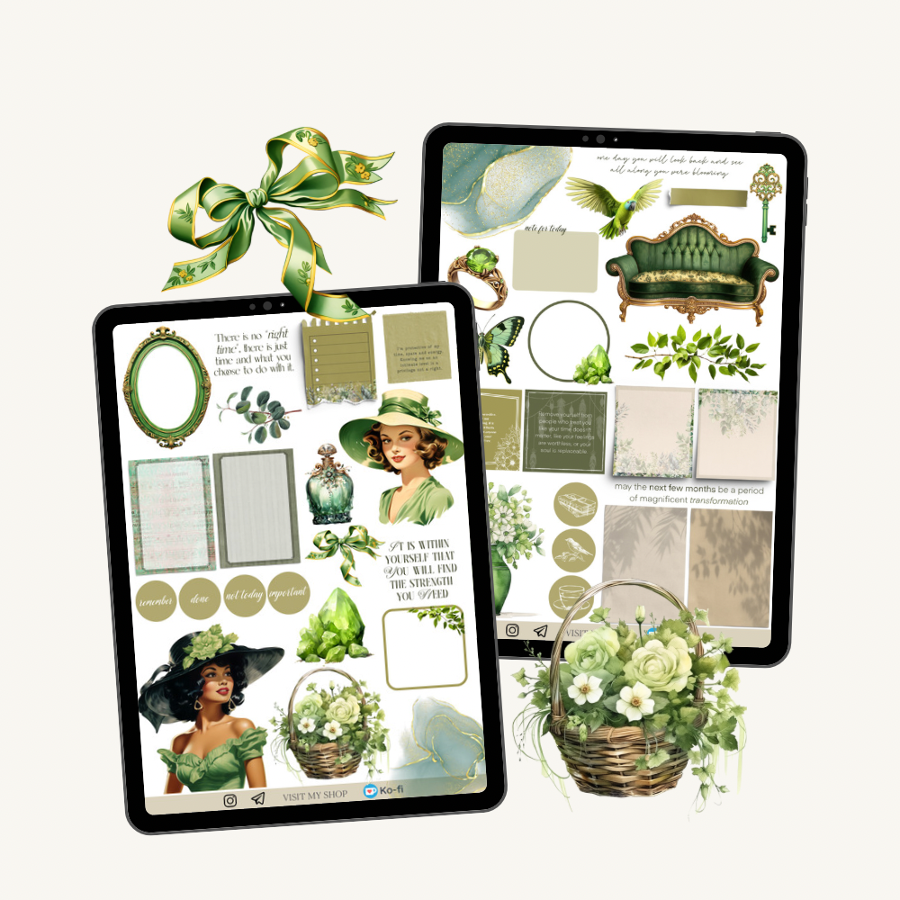 Green Vintage stickers, GoodNotes & PNG