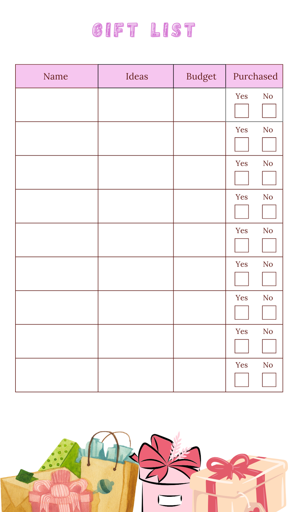 GIFT list and card template