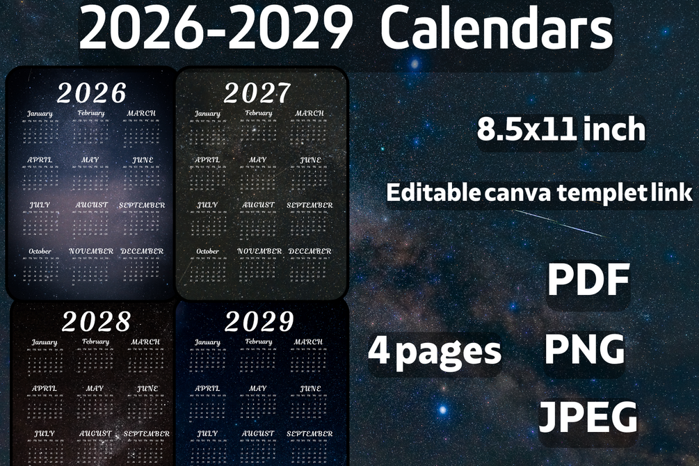 2026-2029 calendar with space background templates