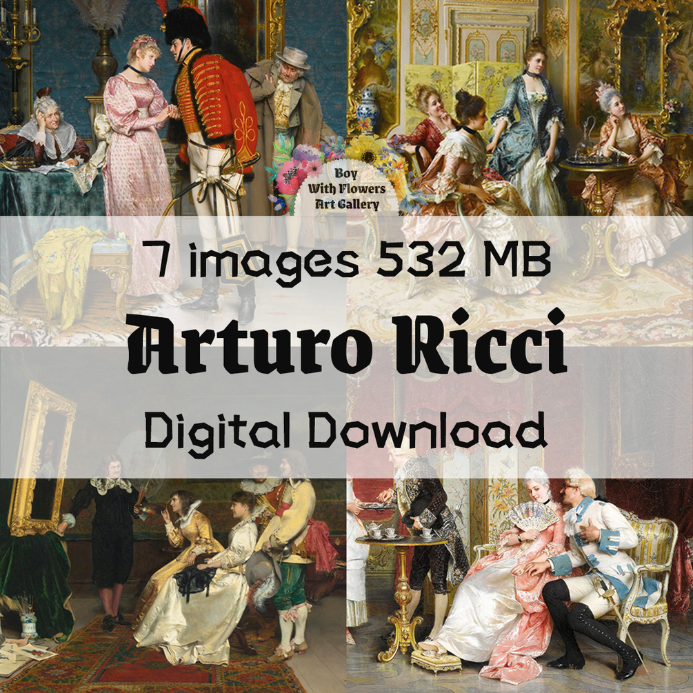 7 digital images of Arturo Ricci paintings, people landscape still life ...